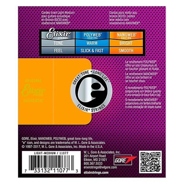 Elixir Phosphor Bronze Acoustic Guitar Strings Nanoweb Coating Medium ...